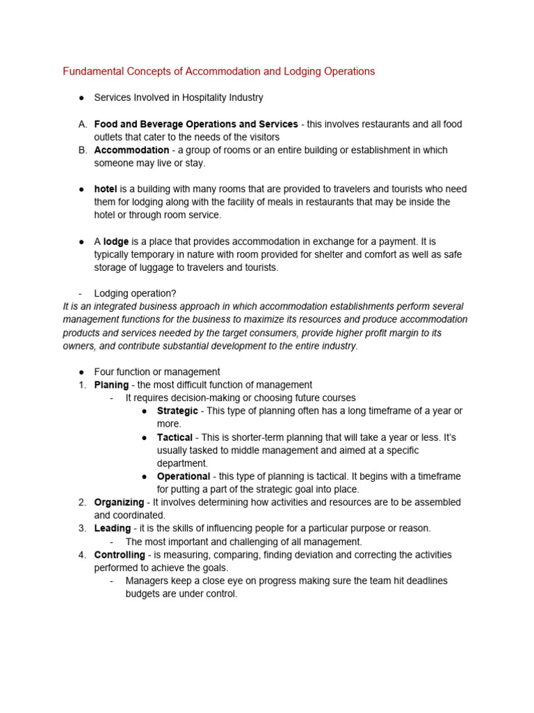 Fundamentals in Lodging Operations | PDF | Hotel | Restaurants