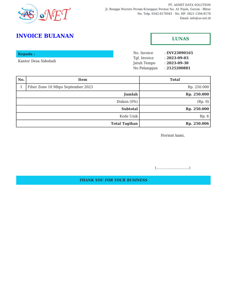 Invoice for Fiber Service - Sept 2023 | PDF