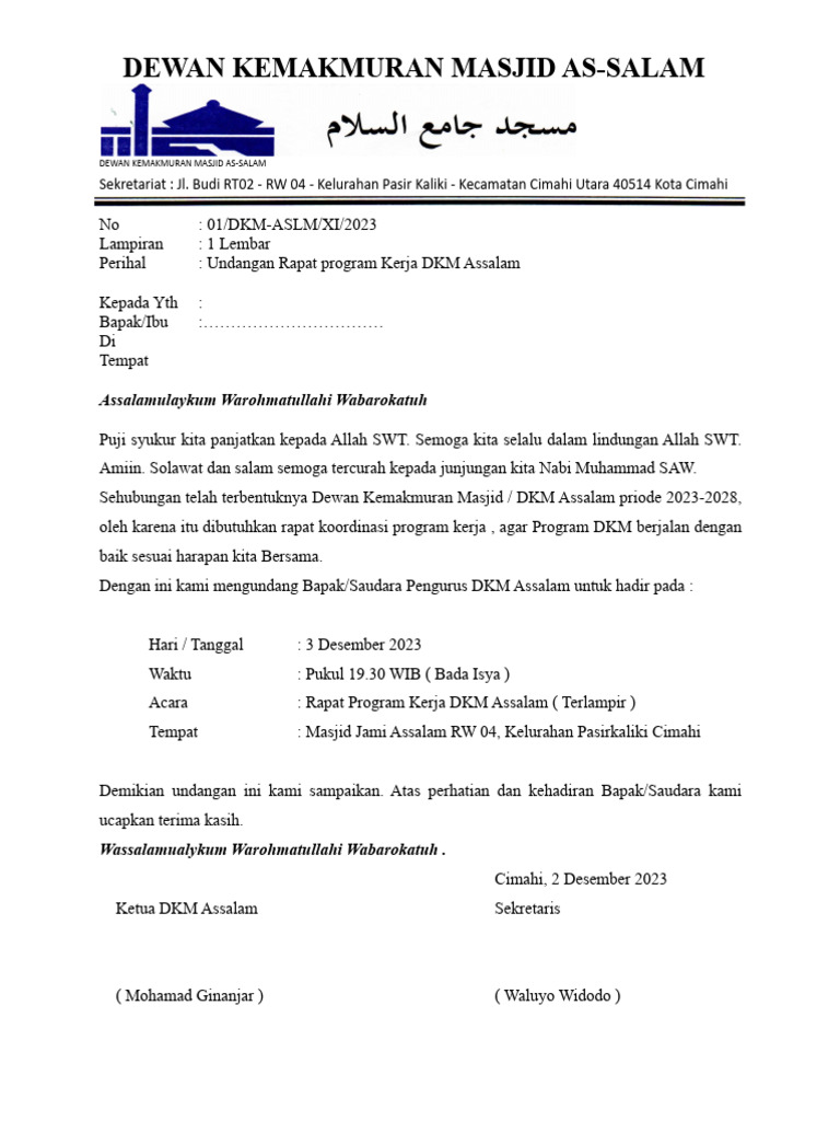 Undangan Rapat DKM Masjid Assalam | PDF