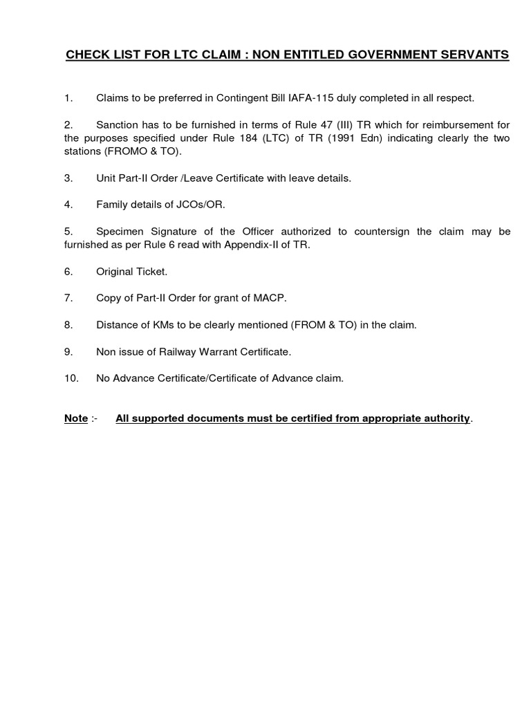 Check List For LTC Claim | PDF