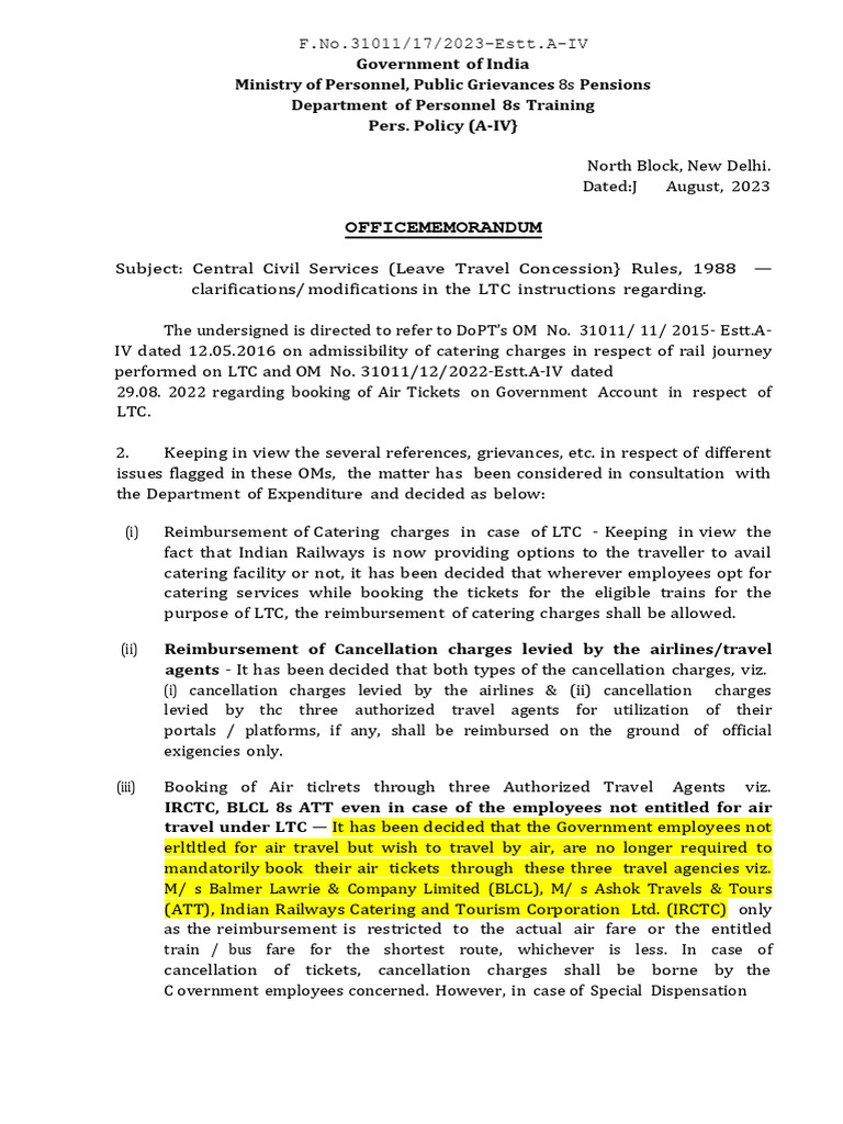 Dopt Letter For LTC Claim | PDF | Government | Government Of India