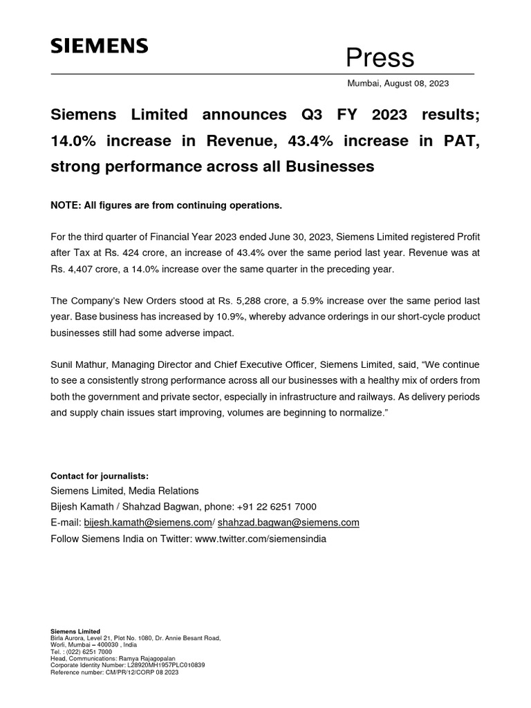Press Release Siemens Limited Announces Q3 FY 2023 Results | PDF | Siemens | Interest