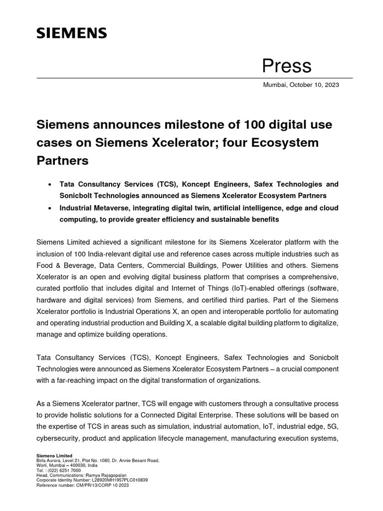 Press Release Siemens Announces Milestone of 100 Digital Use Cases On Siemens Xcelerator Four ...
