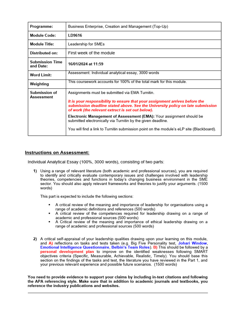 LD9616 Assessment Brief 2023-2024 - Tagged | PDF | Leadership | Graphics