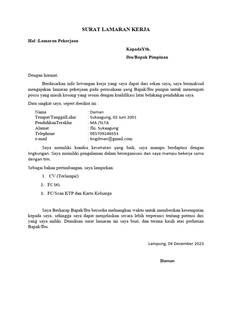 Surat Lamaran Soft File | PDF