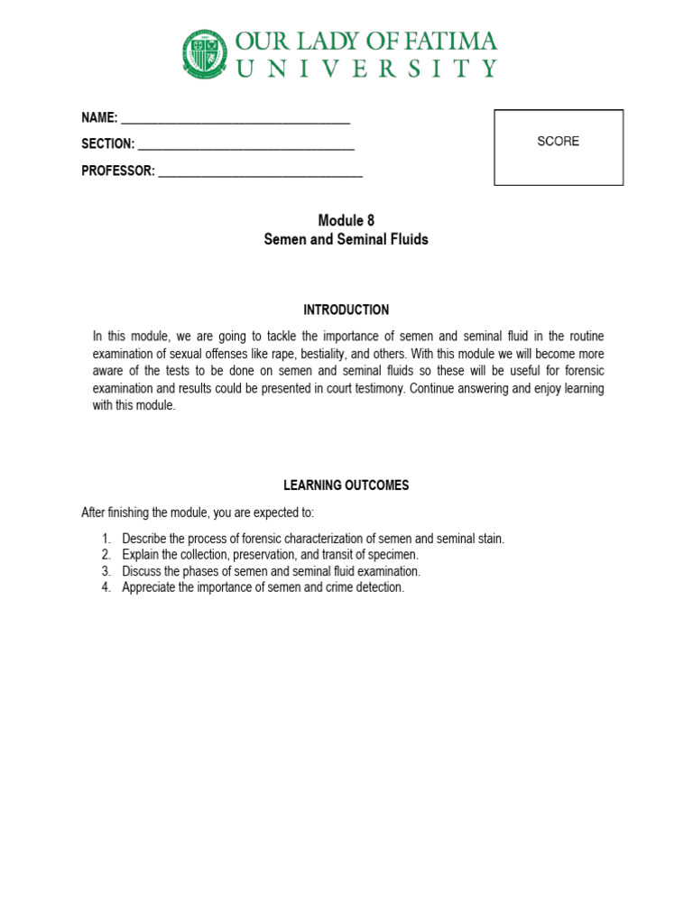 Module 8 - Semen and Seminal Fluids | PDF | Semen | Rape
