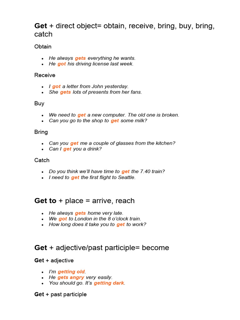 Catch: Get + Direct Object Obtain, Receive, Bring, Buy, Bring | PDF
