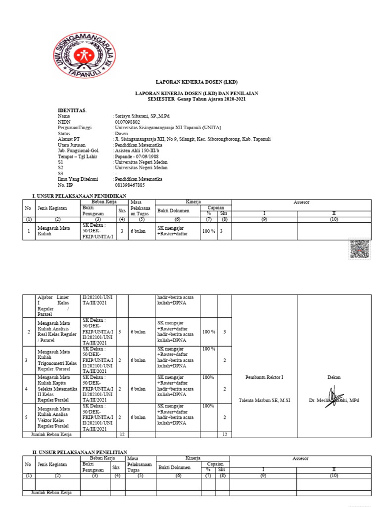 Laporan Kinerja Dosen (LKD) Laporan Kinerja Dosen (LKD) Dan Penilaian SEMESTER Genap Tahun ...