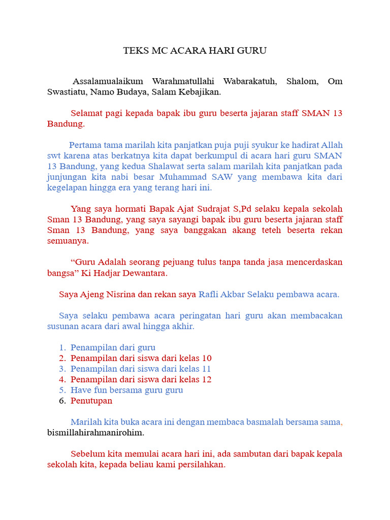 Teks MC Acara Hari Guru | PDF
