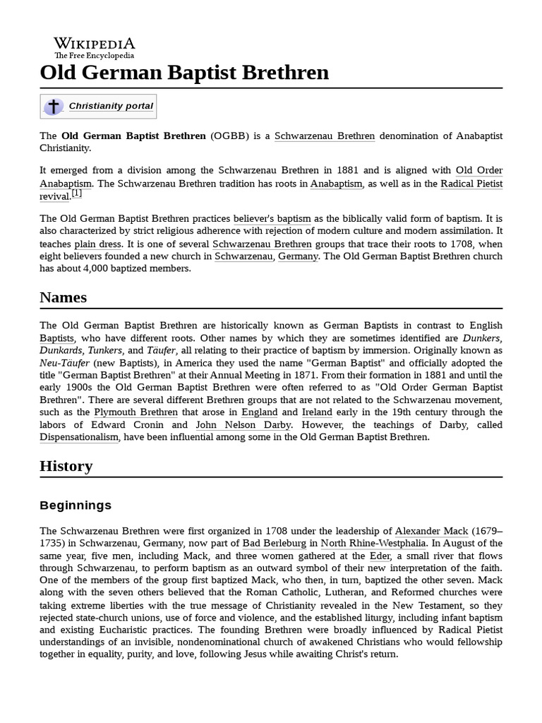 Old German Baptist Brethren | PDF | Baptism | Protestantism