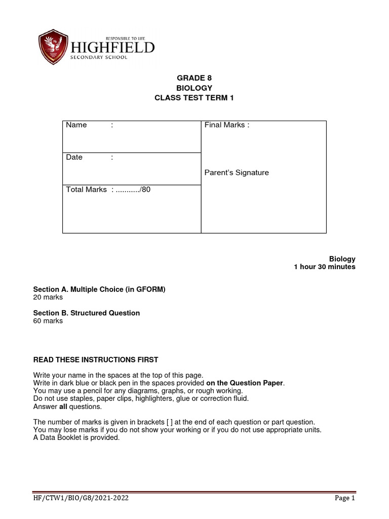 Name: Final Marks:: Grade 8 Biology Class Test Term 1 | PDF | Heart | Blood