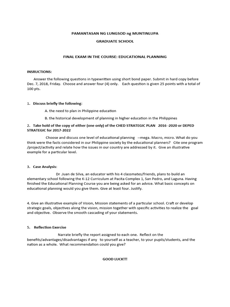 PAMANTASAN NG Lungsod NG MUNTINLUPA Final Exam in Educational Planning | PDF