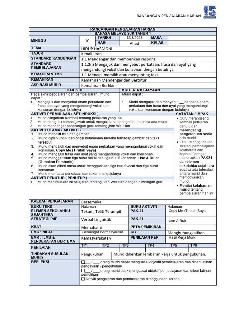 RPH Minggu 10 BM SJK THN 1 2023 by Cikgu Gorgeous | PDF