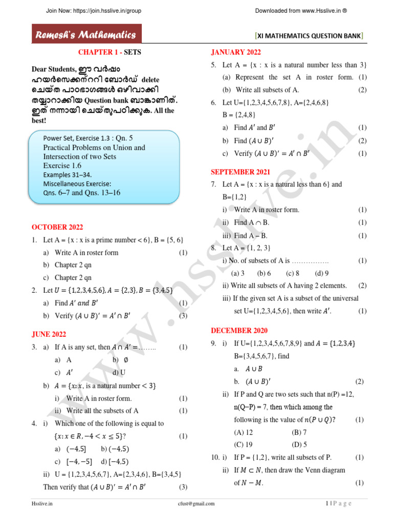 Hsslive Xi Maths QB 1. SETS | PDF | Mathematics | Mathematical Concepts Hsslive Xi Maths QB 1. SETS | PDF | Mathematics | Mathematical Concepts