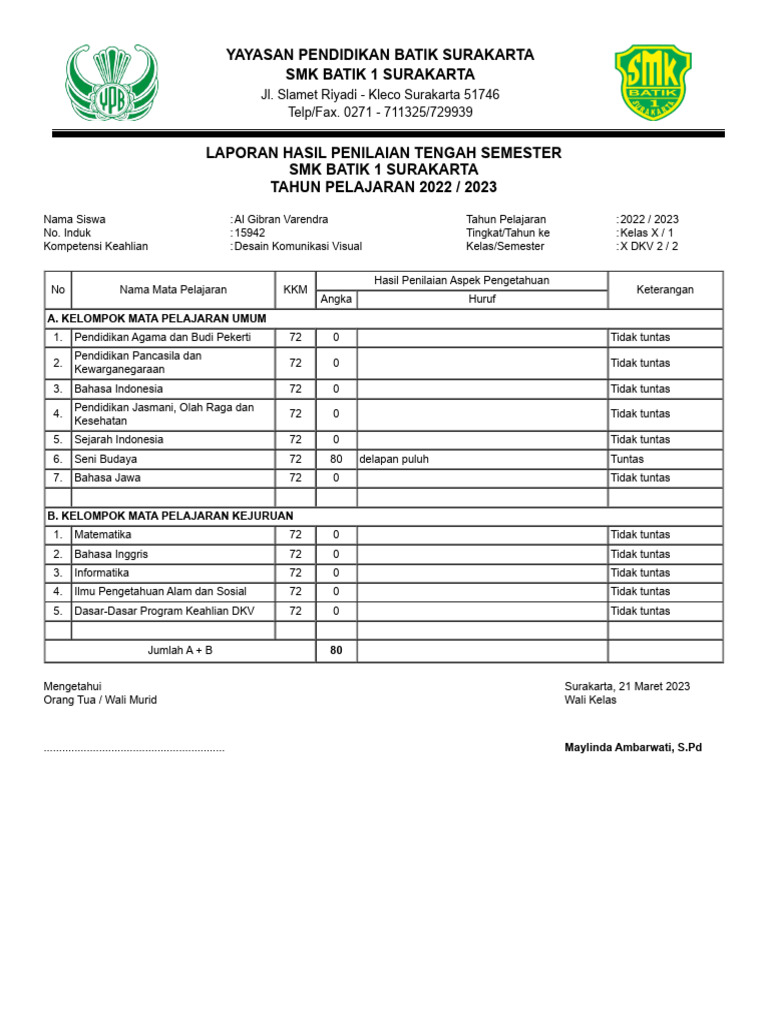 Contoh Raport PTS Kls X | PDF