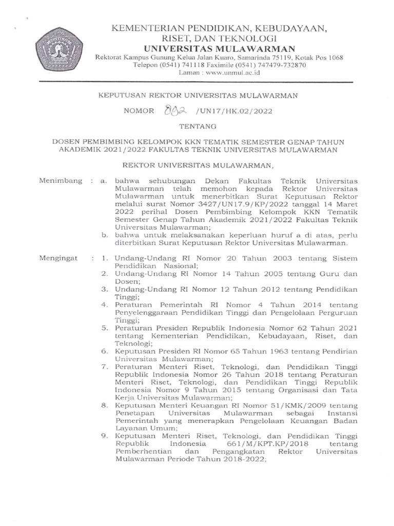 NO 892 SK DOSEN PEMBIMBING KELOMPOK KKN TEMATIK SEMESTER GENAP TA 2021-2022 FAKULTAS TEKNIK ...