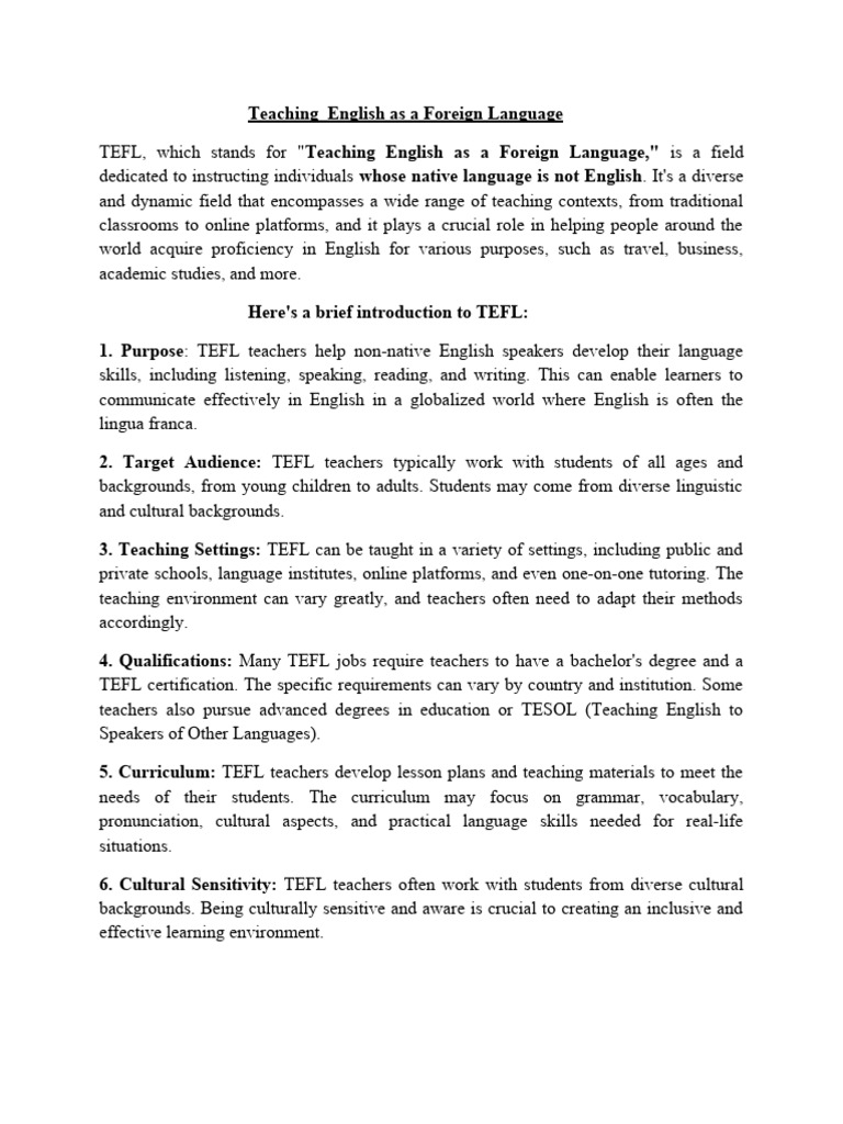 Tefl Introduction Chapter 1 Pdf English As A Second Or Foreign Language Teachers
