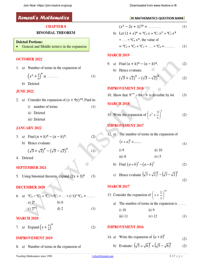 Hsslive-Xi-Maths-Qb-8. BINOMIAL THEOREM | PDF | Complex Analysis | Numbers
