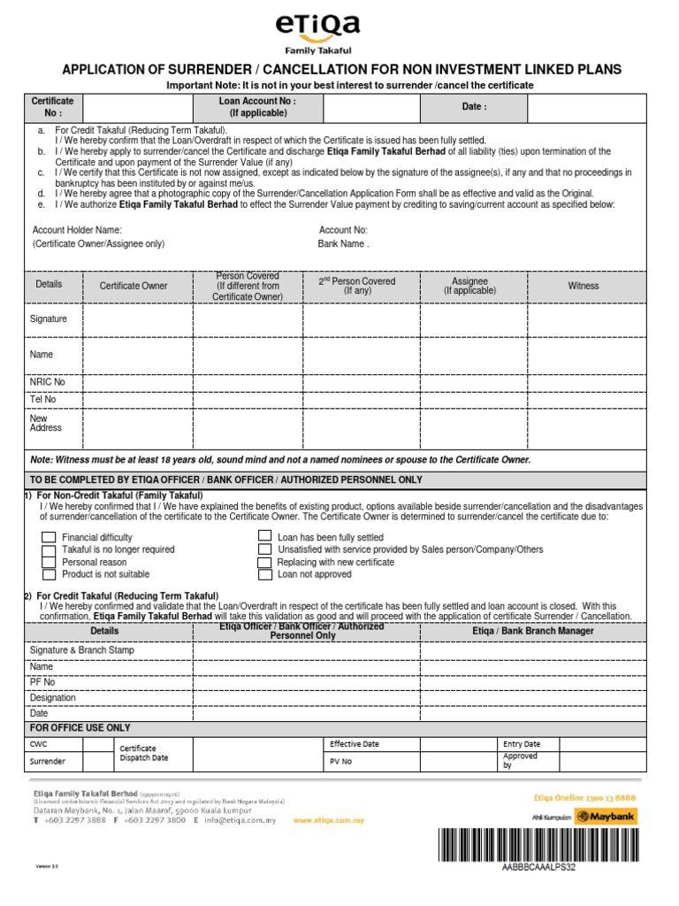 EFTB Surrender - Cancellation (Non-Inv Linked) - 2022 | PDF | Banks | Loans
