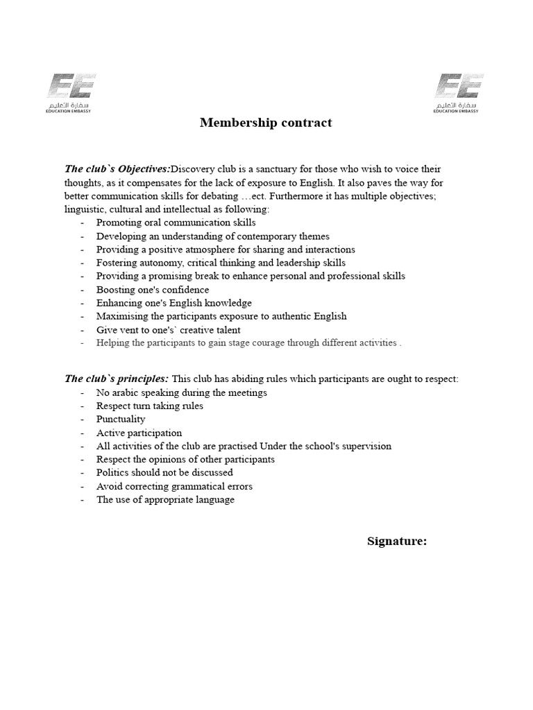 English Skills Discovery Club Contract | PDF