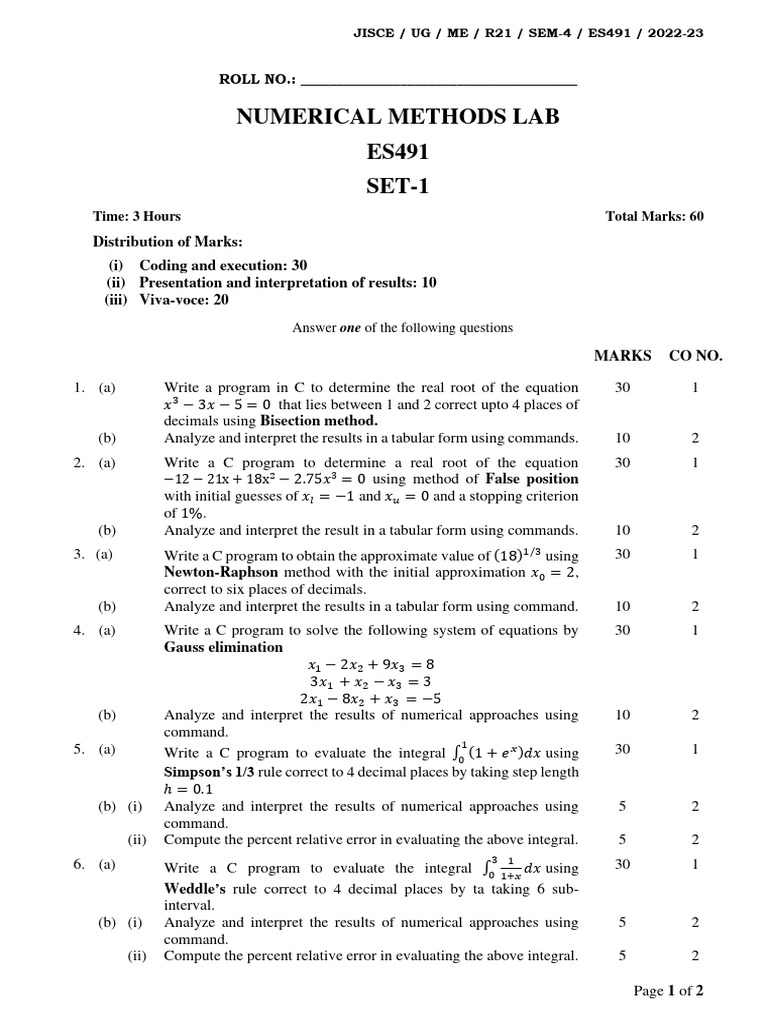 Me Es491 Numerical Methods Lab r21 Set1 DM | PDF | Theoretical Computer ... Me Es491 Numerical Methods Lab r21 Set1 DM | PDF | Theoretical Computer ...