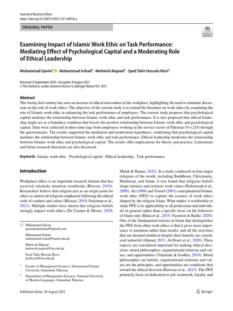 Islamic Work Ethic & Performance | PDF | Leadership | Self Efficacy