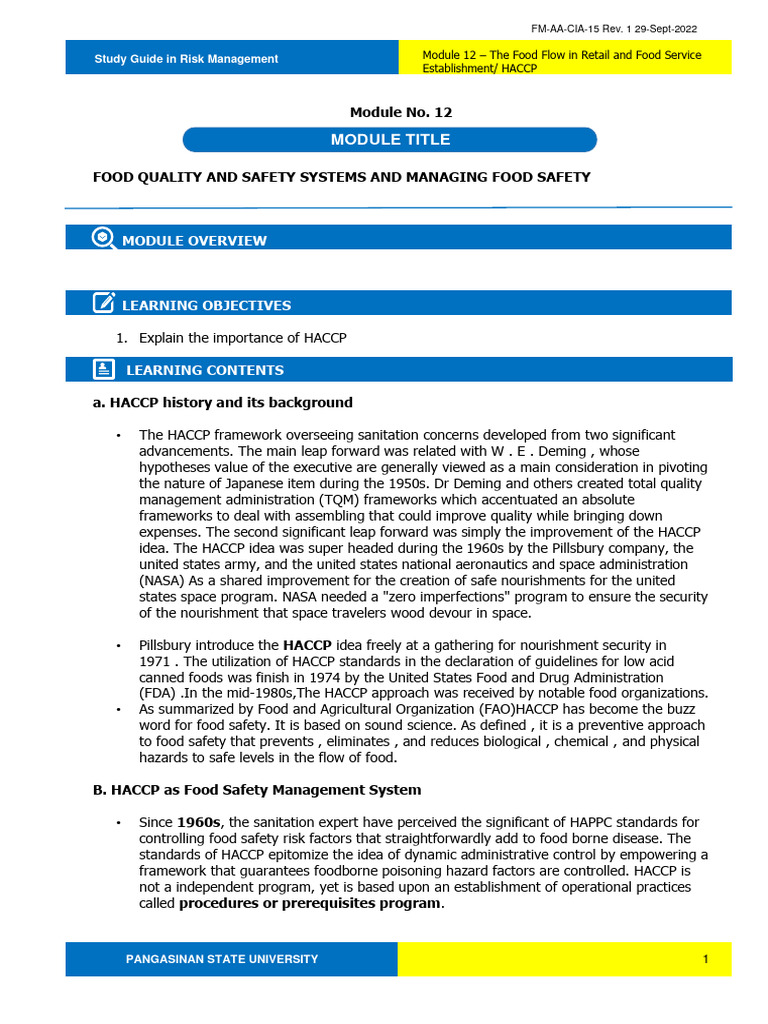 Study Guide 12 Risk Management The Food Flow | PDF | Hazard Analysis ...