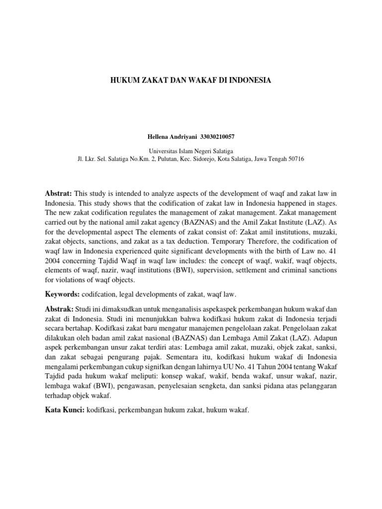 Hellenaandriyani057 - Artikel Hukum Zakat Dan Wakaf Di Indonesia | PDF