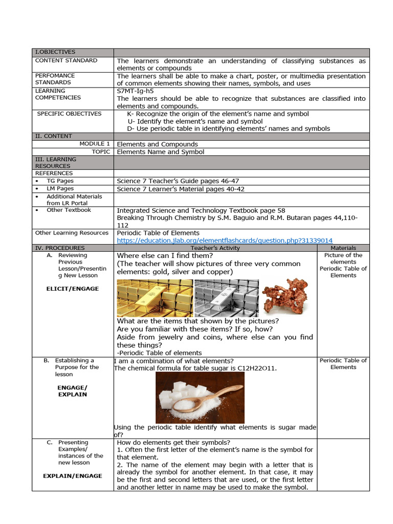 Elements and Compound Grade 7 | PDF | Learning | Chemical Elements