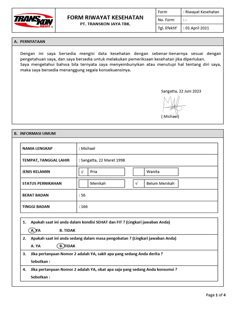 Form Riwayat Kesehatan | PDF