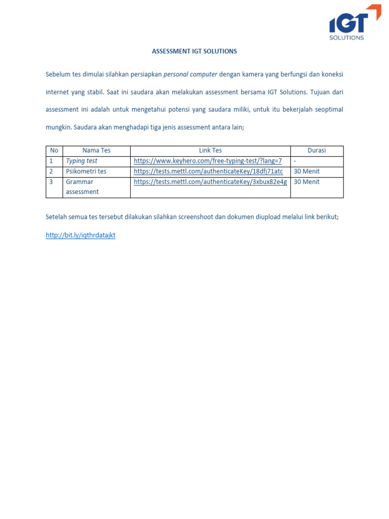 Petunjuk Assessment Igt Solutions (Jakarta) | PDF