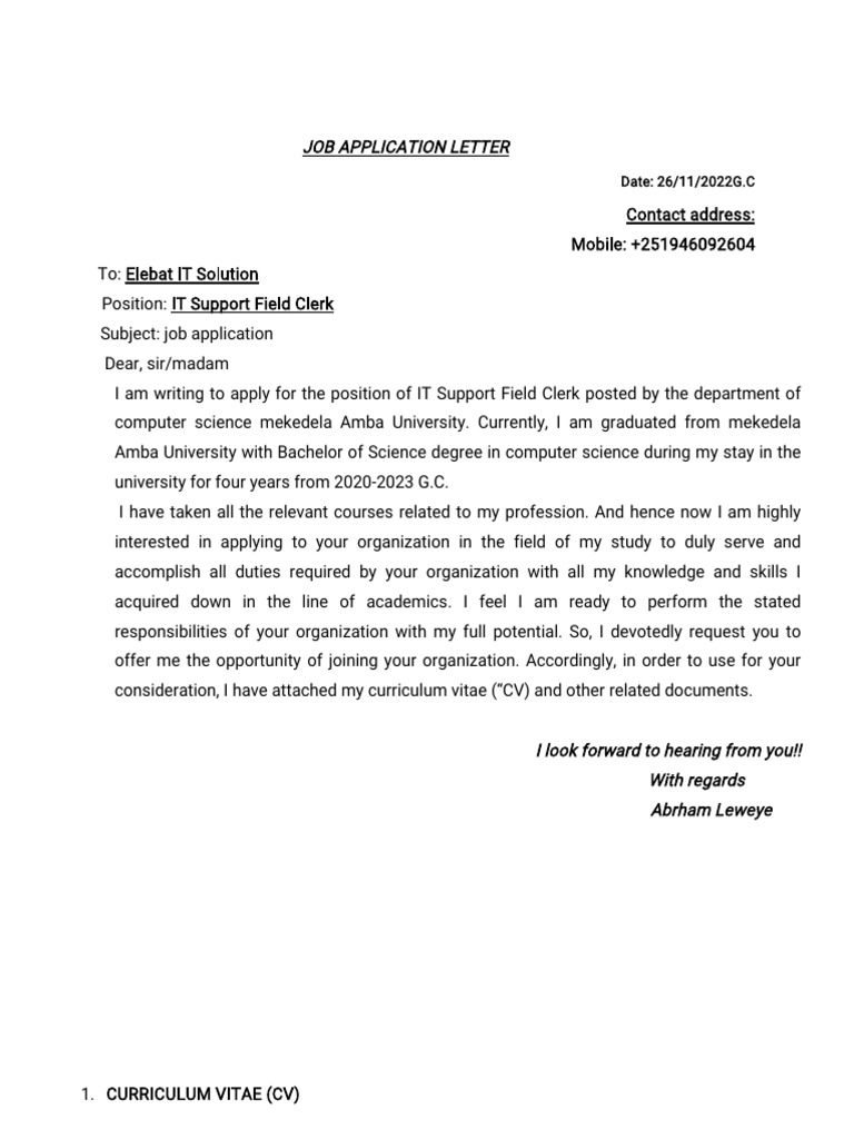 IT Support Field Clerk Application Letter | PDF | Computer Programming ...