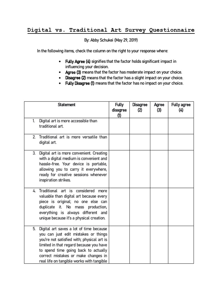Digital vs. Traditional Art Survey Questionnaire | PDF | Human ... Digital vs. Traditional Art Survey Questionnaire | PDF | Human ...