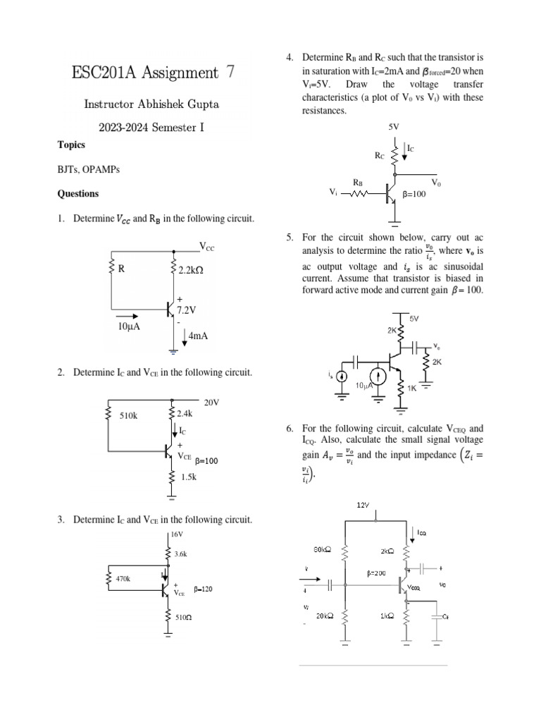 ESC201 Assignment 7 | PDF | Operational Amplifier | Bipolar Junction Transistor