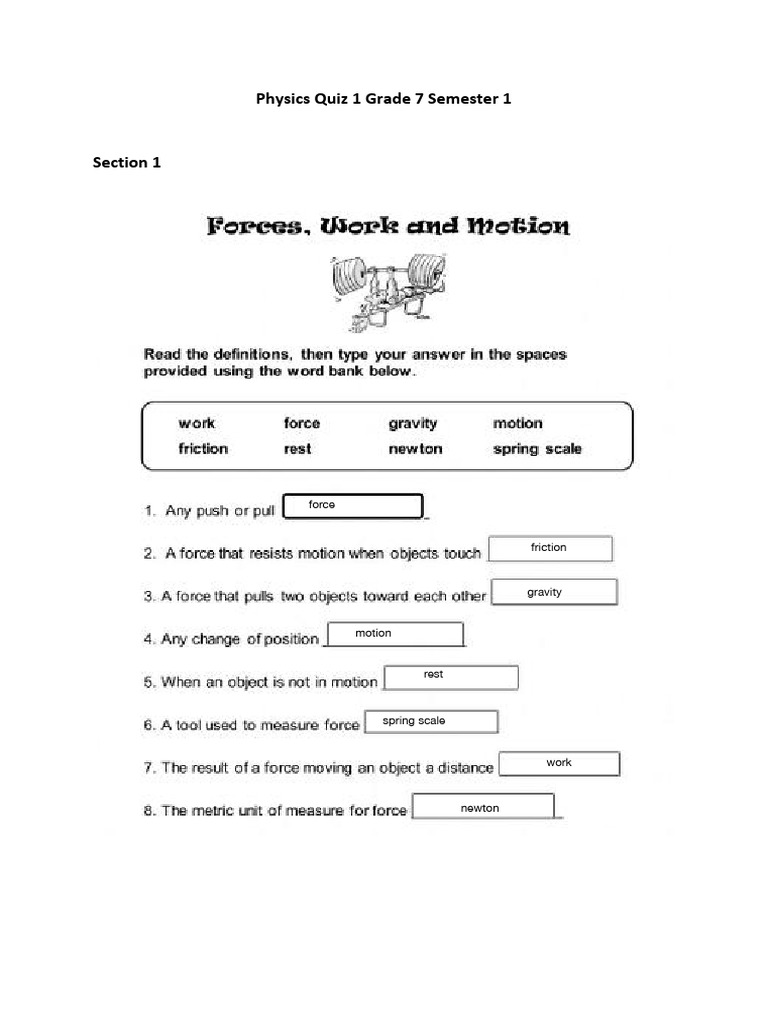 Grade 7 Physics Quiz: Forces & Motion | PDF
