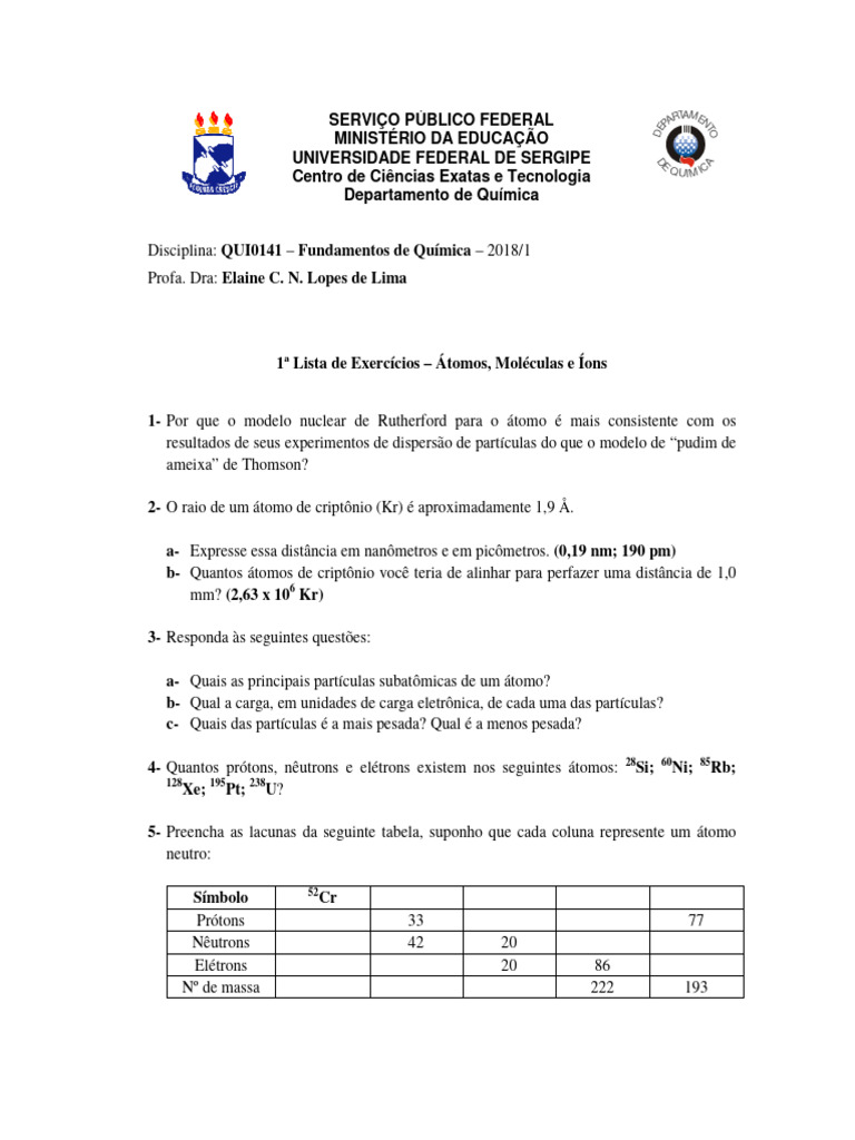 1 Lista de Exercícios - Química I - Átomos, Moléculas e Íons | PDF ...