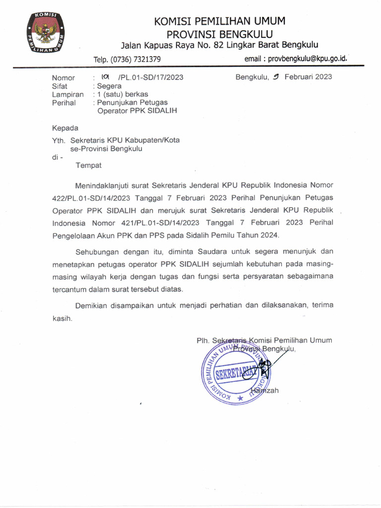 Surat Plh. Sekretaris KPU Prov BKL No 101 | PDF
