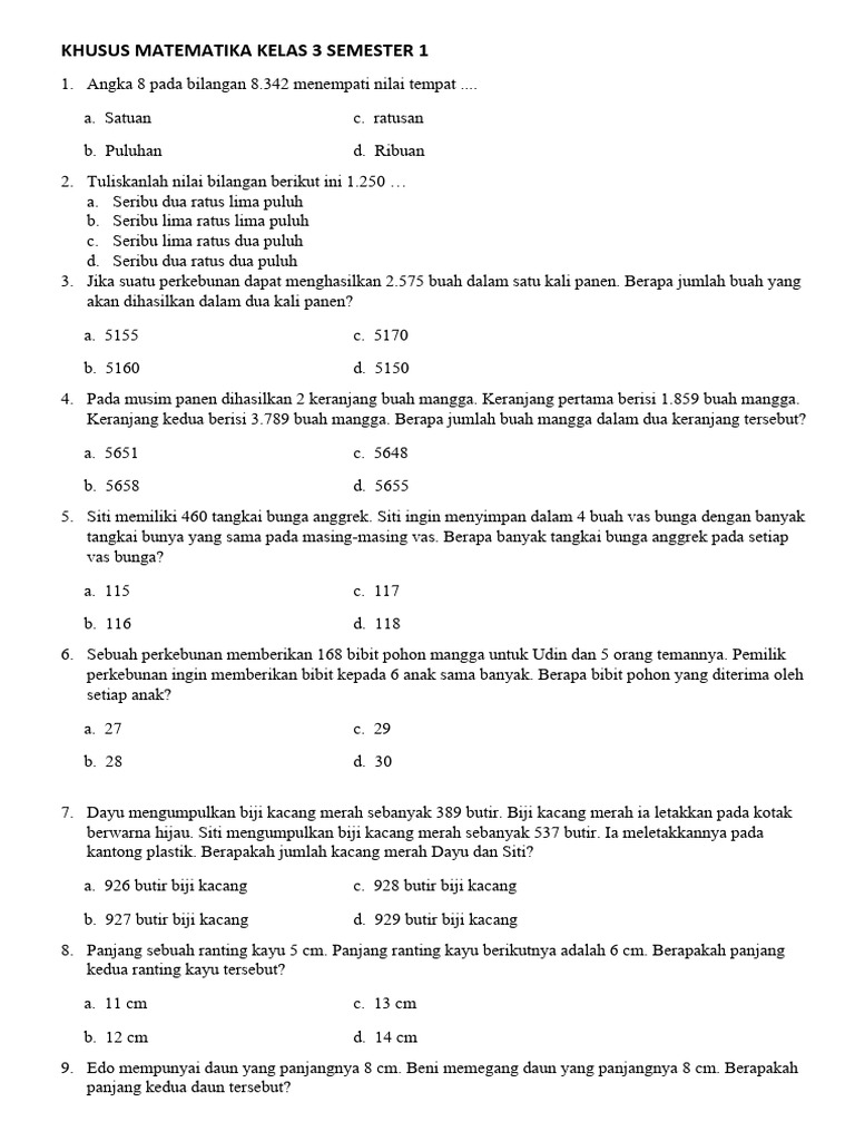 MATEMATIKA Kelas 3 Semster 1 | PDF