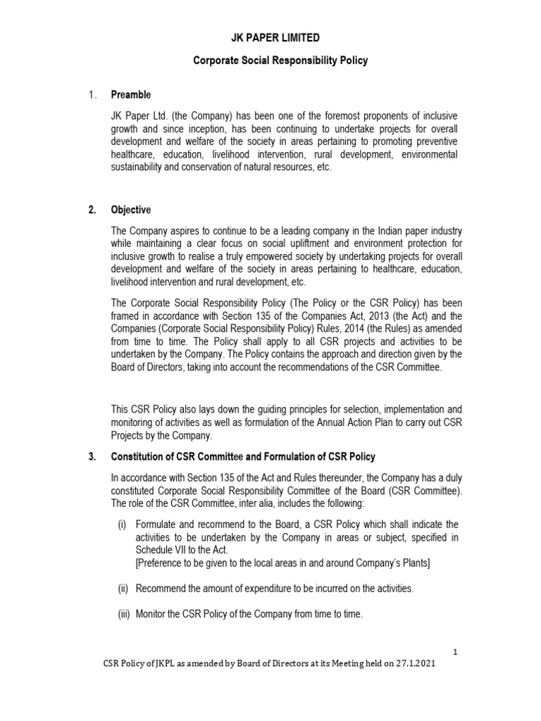 CSR Policy Contents | PDF | Corporate Social Responsibility | Board Of ...