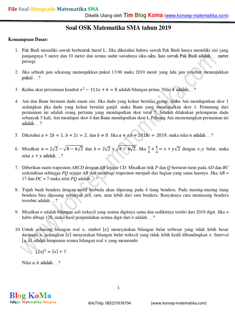 2019 Soal Osk Matik SMA | PDF