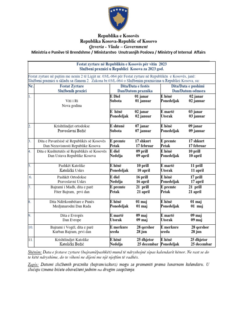 Kalendari Festave Zyrtare - 2023 | PDF