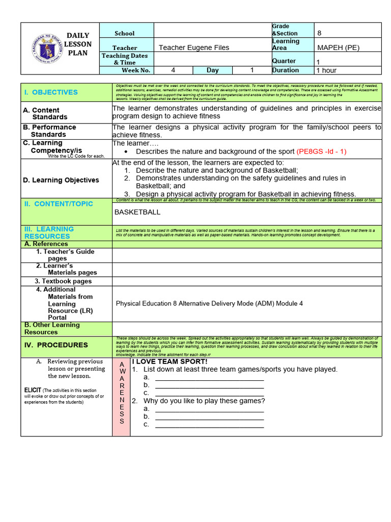 Basketball Lesson Plan for MAPEH 8 | PDF | Learning | Curriculum