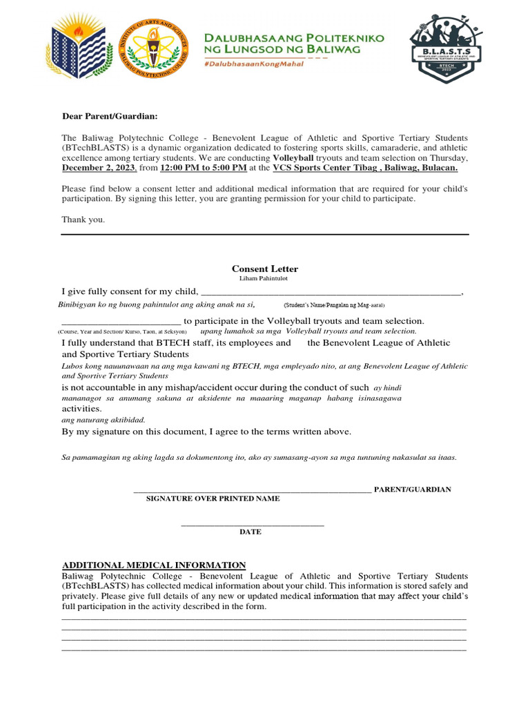 New Consent Form Volleball Tryout | PDF