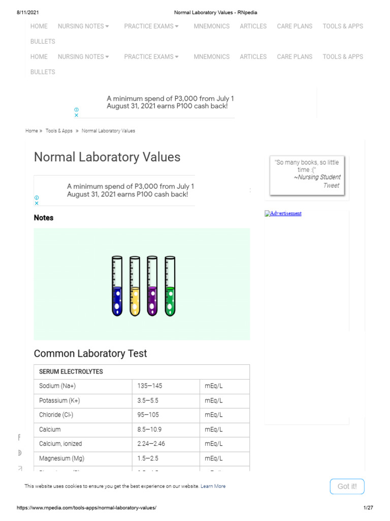 Normal Laboratory Values Pedia | PDF | Thrombus | Tissue (Biology)