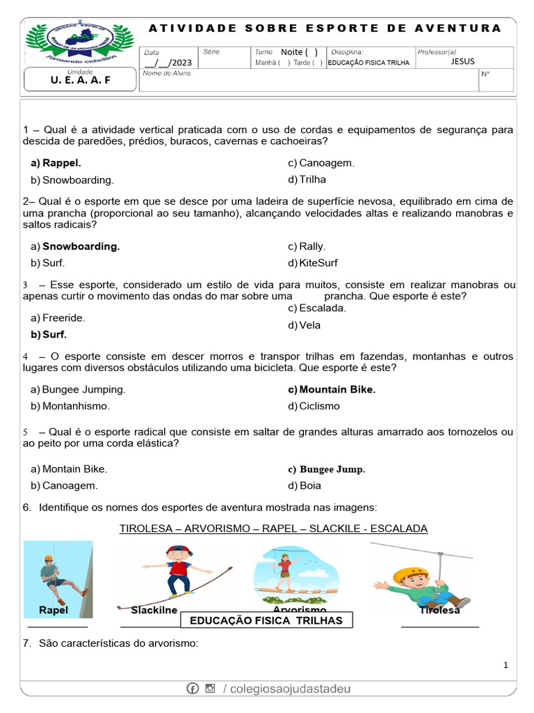 Atividade Sobre Esporte de Aventura | PDF | Recreação ao ar livre ...