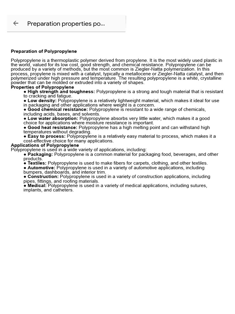 Preparation Properties Polypropylene | PDF | Science & Mathematics