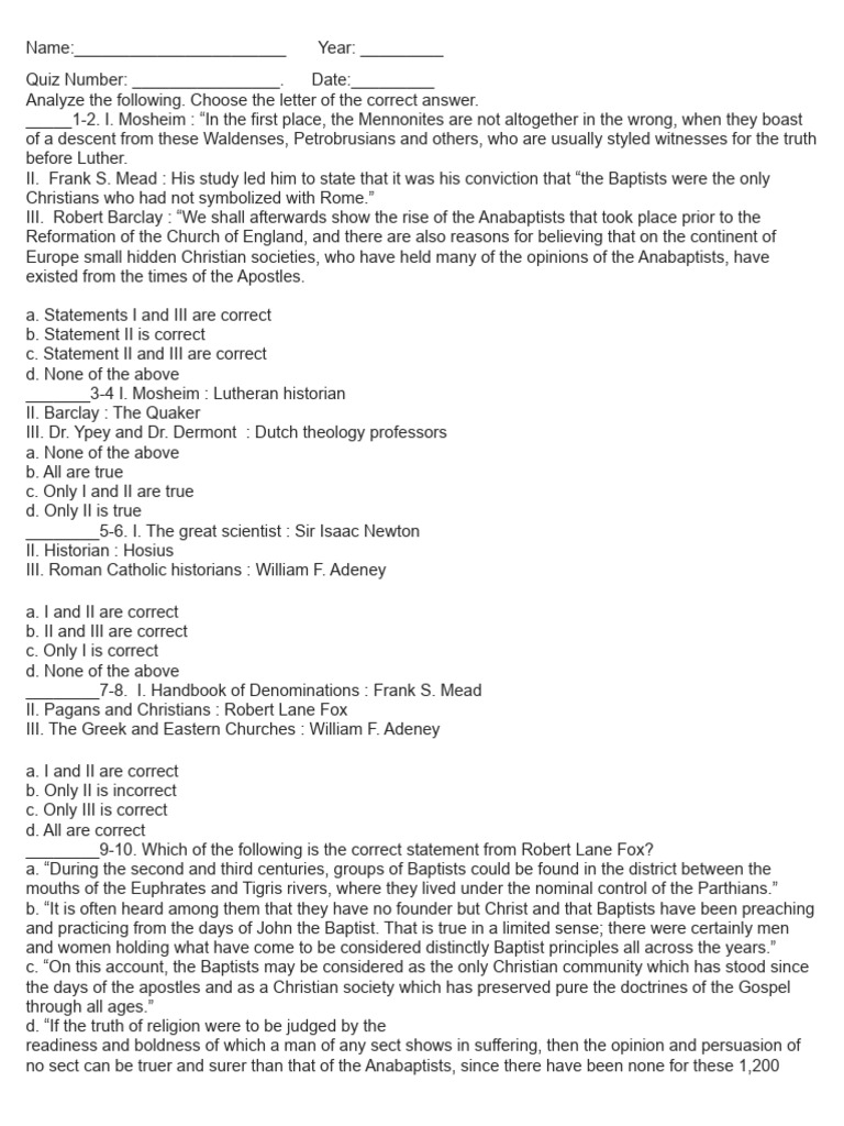 Church History Quiz | PDF | Baptists | Christian Denomination
