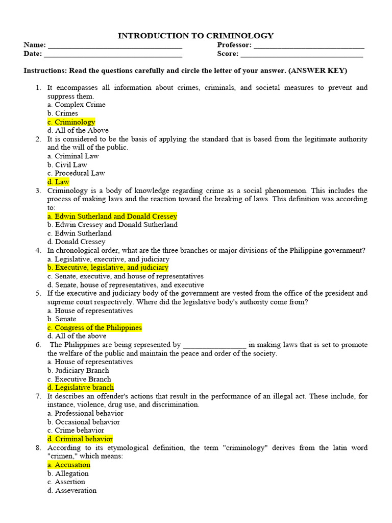 Introduction To Criminology - Answer Key | PDF | Criminology | Crimes