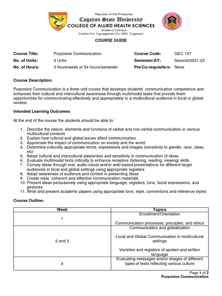 Purposive Communication Course Outline | PDF | Communication | Cross Cultural Communication