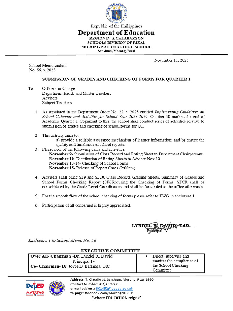 School Memo No. 56 S. 2023 Submission of Grades and Checking of Forms First Quarter | Download ...